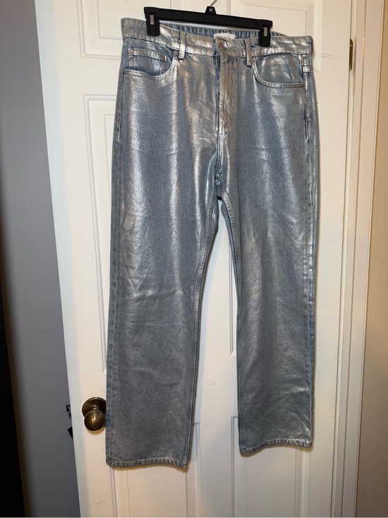 Zara | Jeans | Zara Silver Metallic Blue Denim Wide Leg Jeans Sz 2 High ...